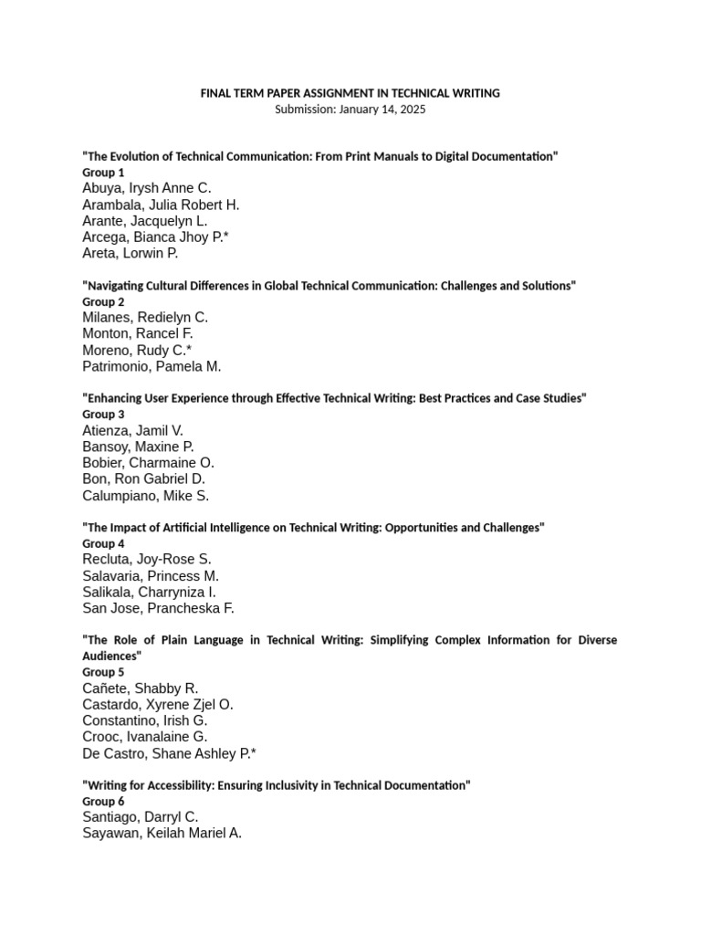 Assigned Titles For Term Paper in Technical Writing | PDF