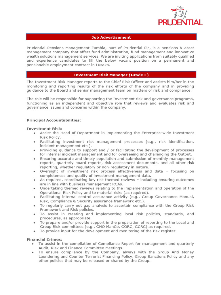 Investment Risk Manager Advert PDF | PDF | Regulatory Compliance | Risk Management