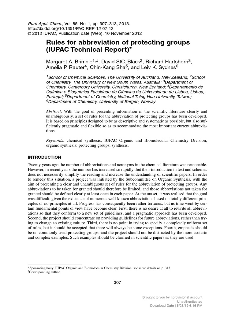 (Pure and Applied Chemistry) Rules For Abbreviation of Protecting ...