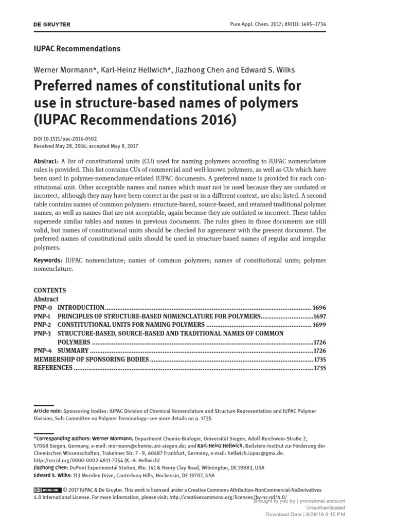 (Pure and Applied Chemistry) Preferred Names of Constitutional Units ...