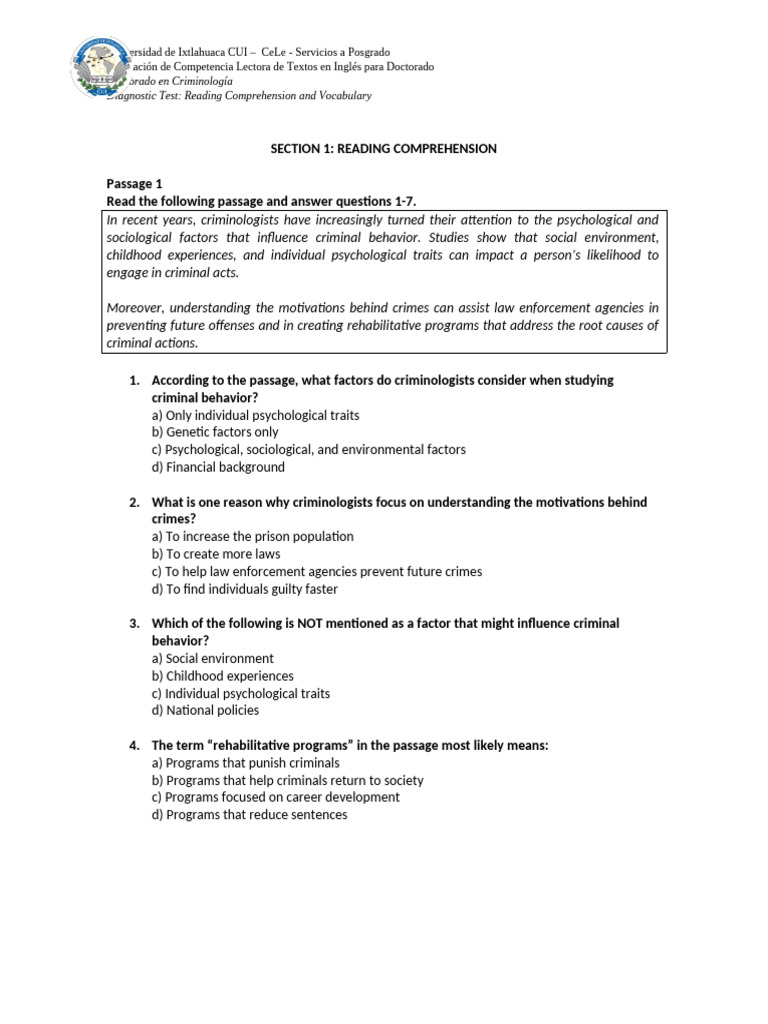 Reading Comprehension Test for Criminology | PDF | Forensic Science ...