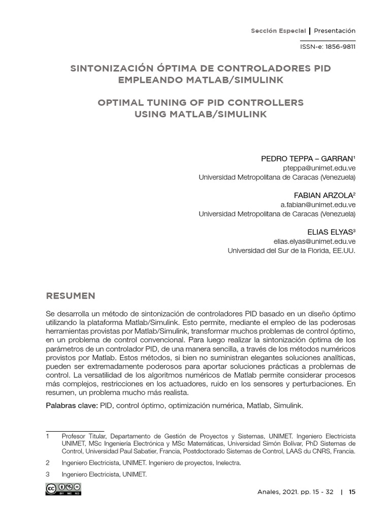 Sintonización Óptima de Controladores Pid Empleando Matlab/Simulink Optimal Tuning of Pid ...