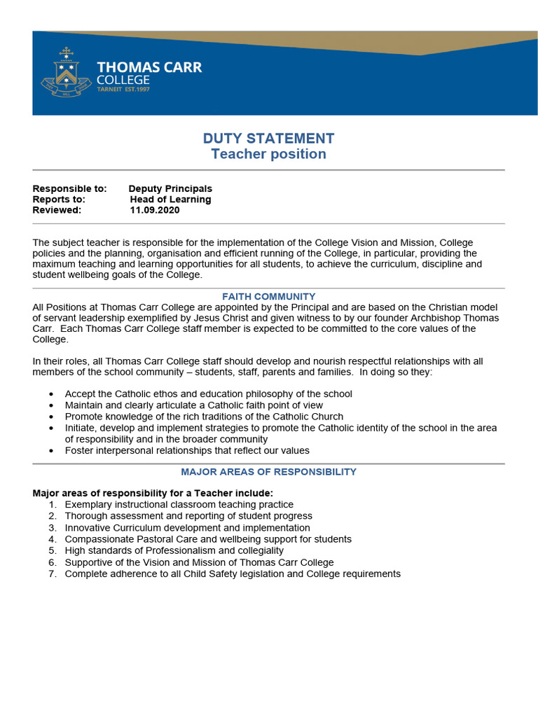 Teacher Duty Statement Overview | PDF | Teachers | Curriculum