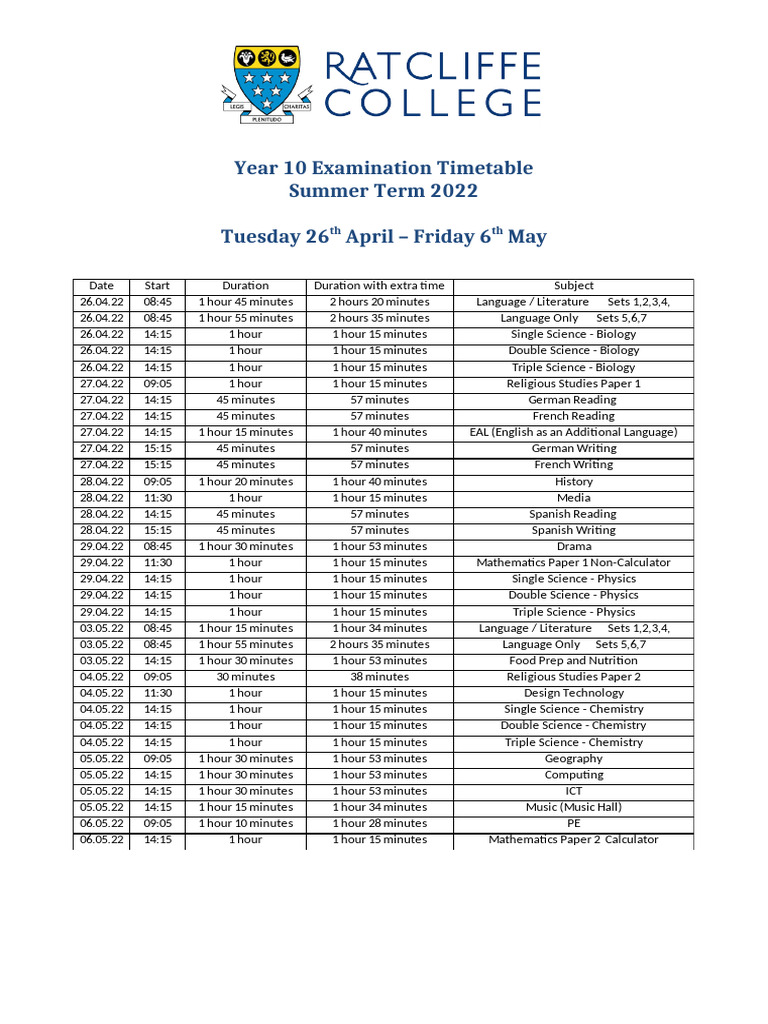 Year 10 Examination Timetable April 2022 MD 5 | PDF | Science | Hour