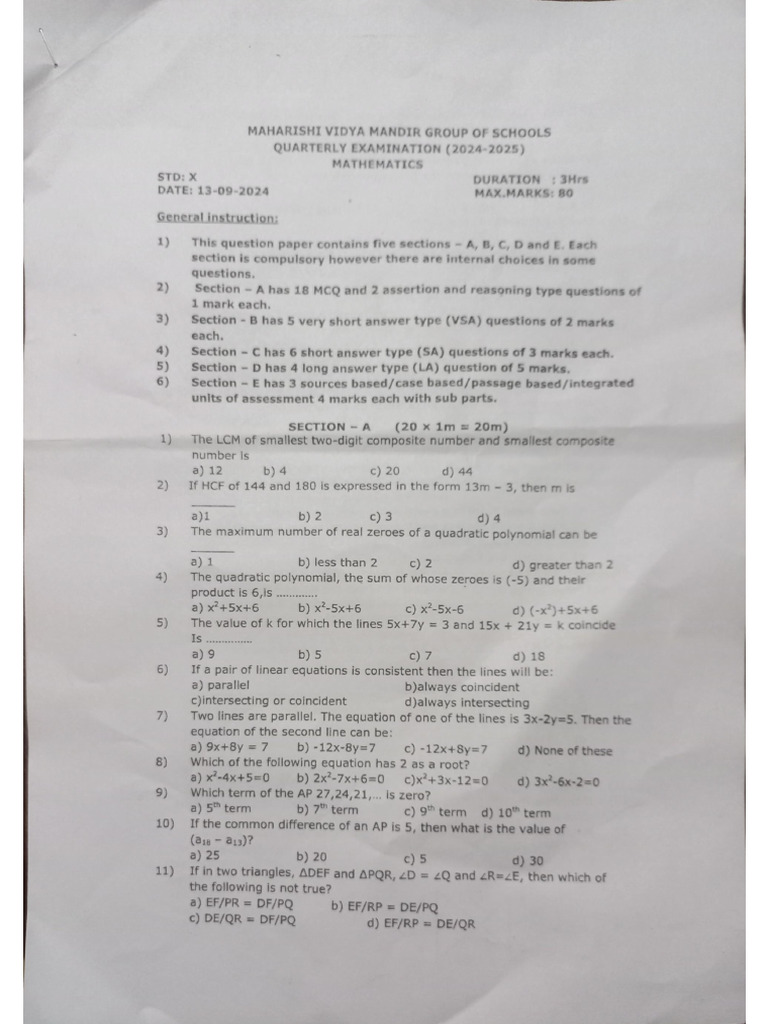 Quarterly Paper Maths | PDF