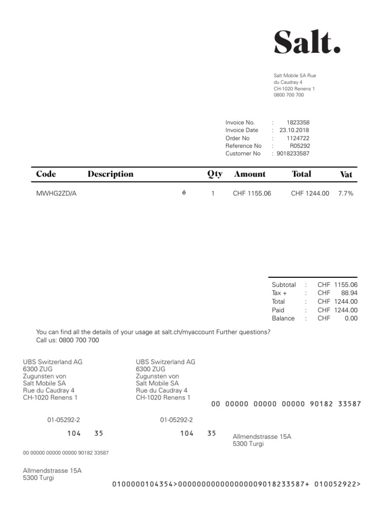 Salt Mobile Invoice for iPhone Purchase | PDF | Apple Inc. Software ...