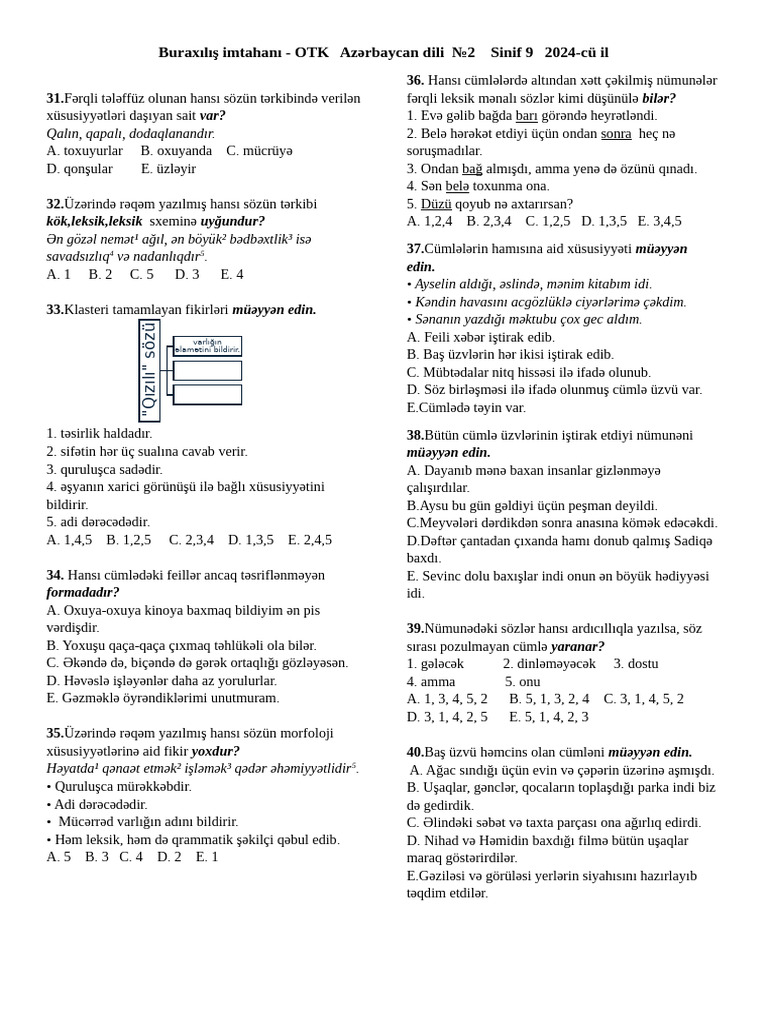 OTK Azərbaycan Dili Sinif 9 2 Il 2024 | PDF
