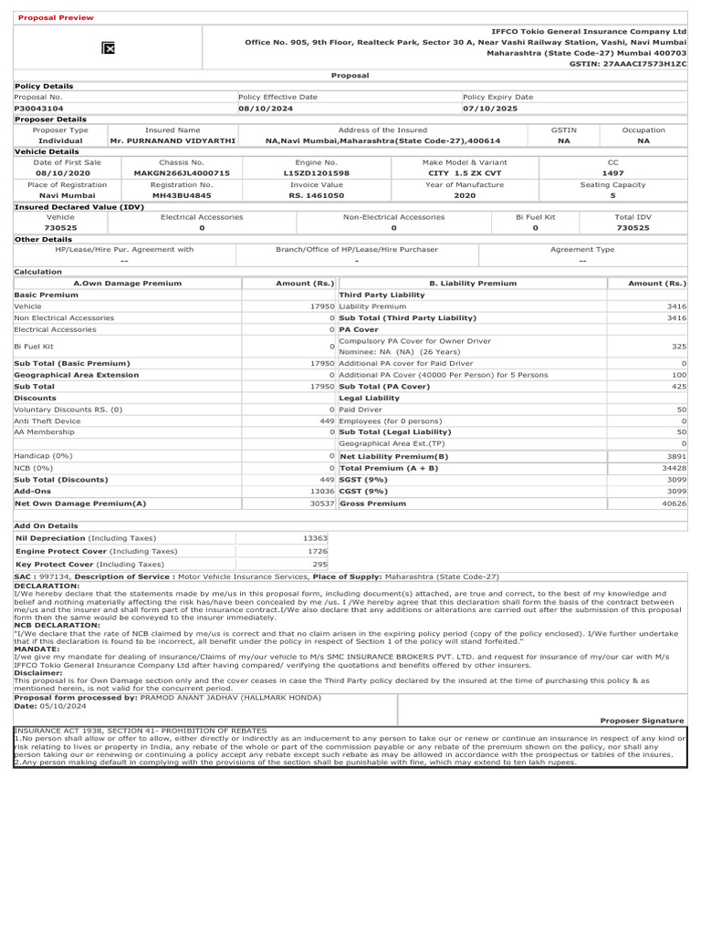 Purnanand Vidyarthi Iffco Zd+Eng+Key | PDF | Insurance | Vehicle Insurance