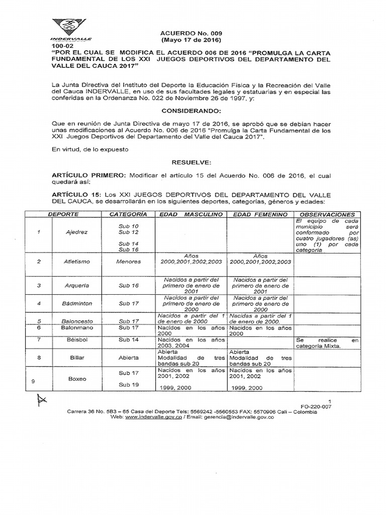 Acuerdo 009 Modificatorio Acuerdo 006 | PDF
