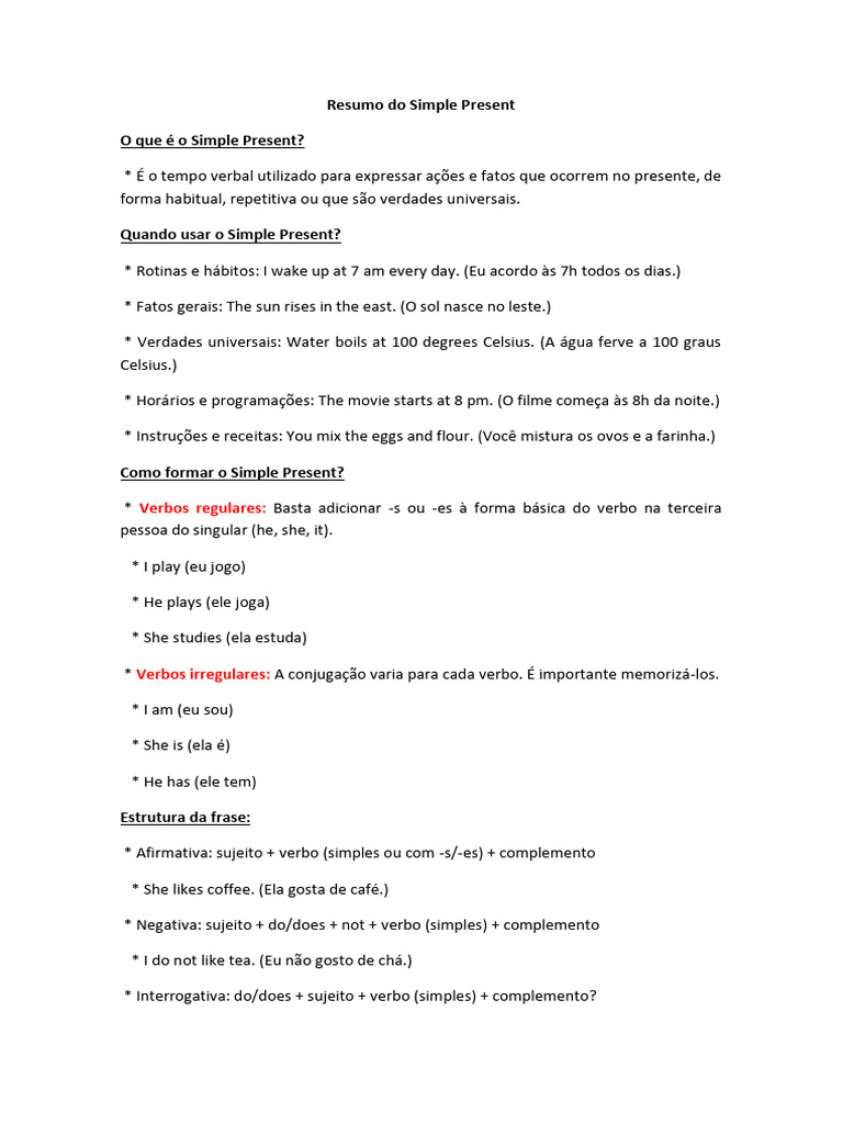 Resumo Do Simple Present | PDF | Assunto (gramática) | Famílias linguísticas