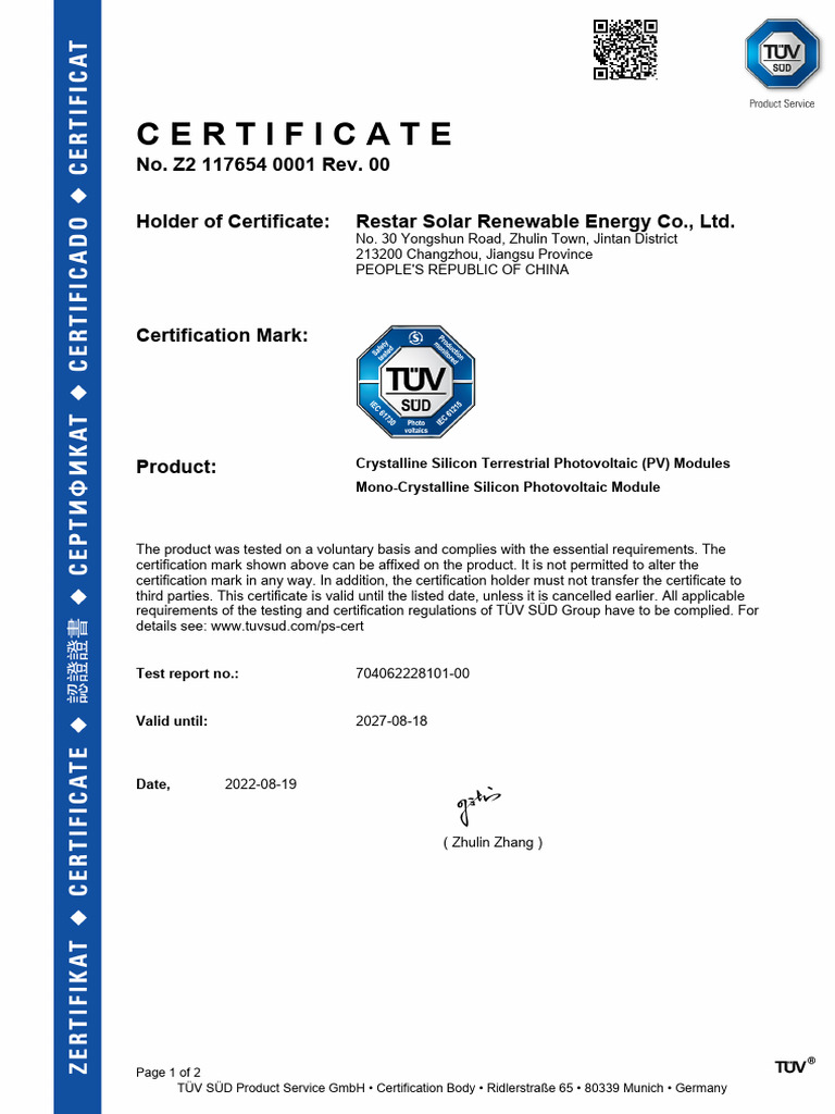 70.406.22.281.01-00CERT_TUV MARK | PDF | Photovoltaics | Sustainable Technologies