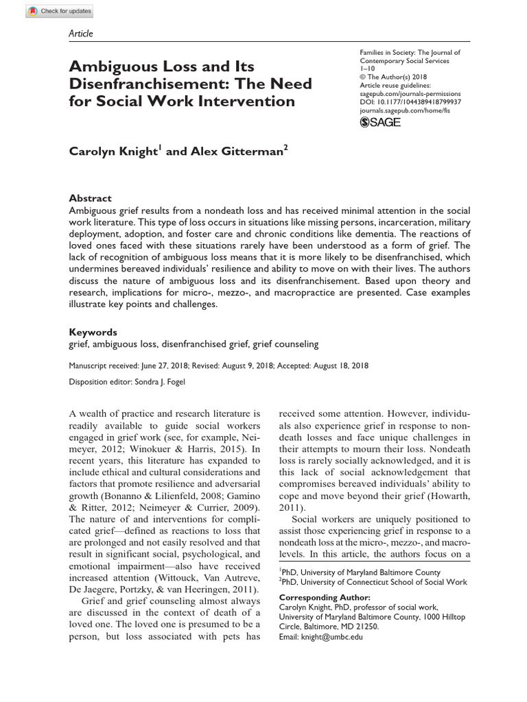 Ambiguous Loss and Its Disenfranchisement The Need for Social Work ...