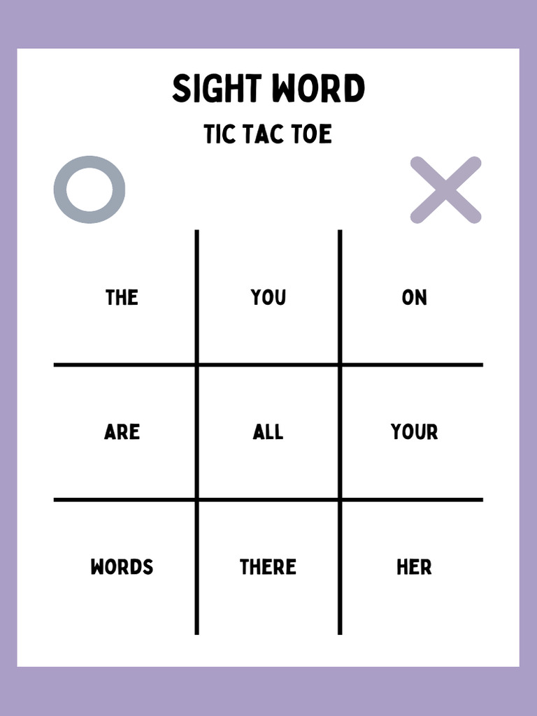Sight Word Tic Tac Toe Game Worksheet in White Purple Simple Style | PDF