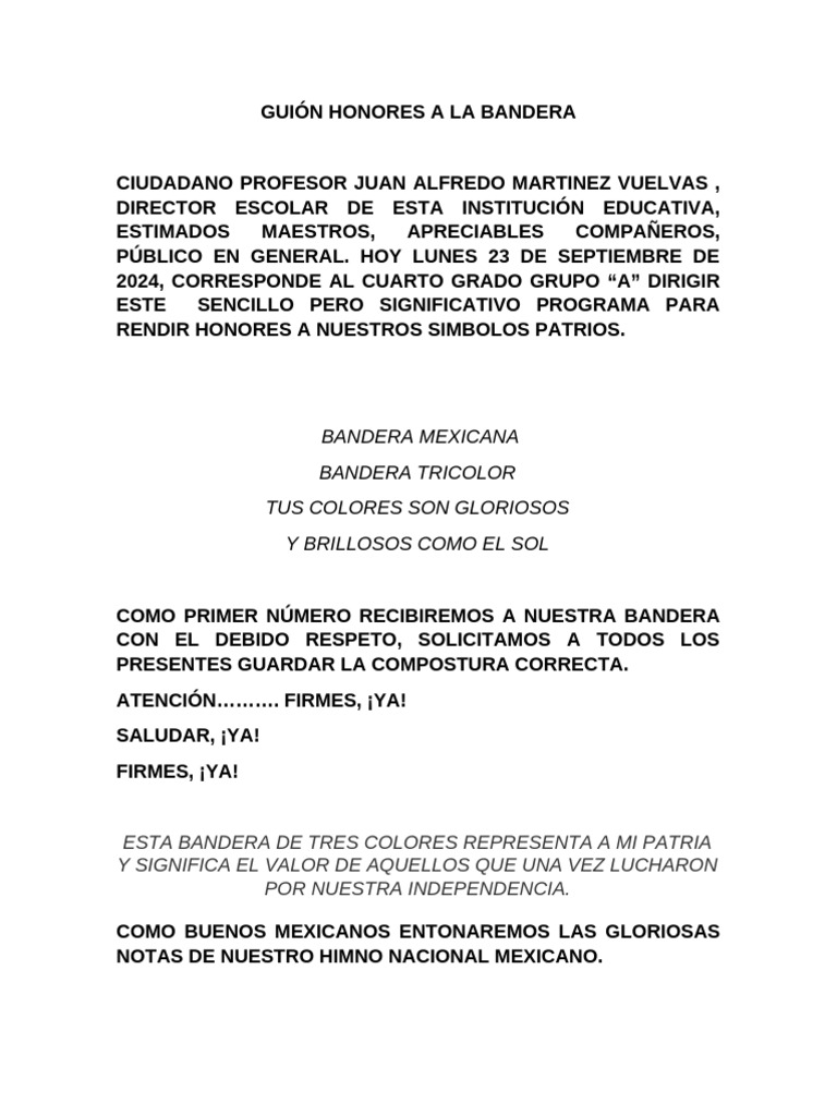 GUIÓN HONORES A LA BANDERA. | PDF
