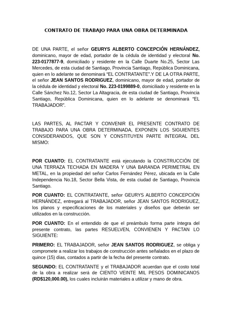 Contrato de Trabajo para Una Obra Determinada | PDF | República Dominicana | Santiago