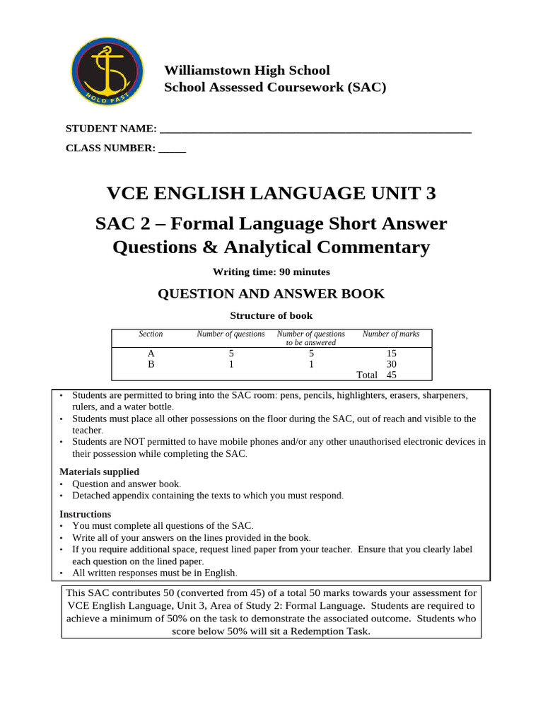 English Language Unit 3 AoS 2 SAC 2 Formal Language SAQs AC (Class 1) | PDF | Cost Of Living ...