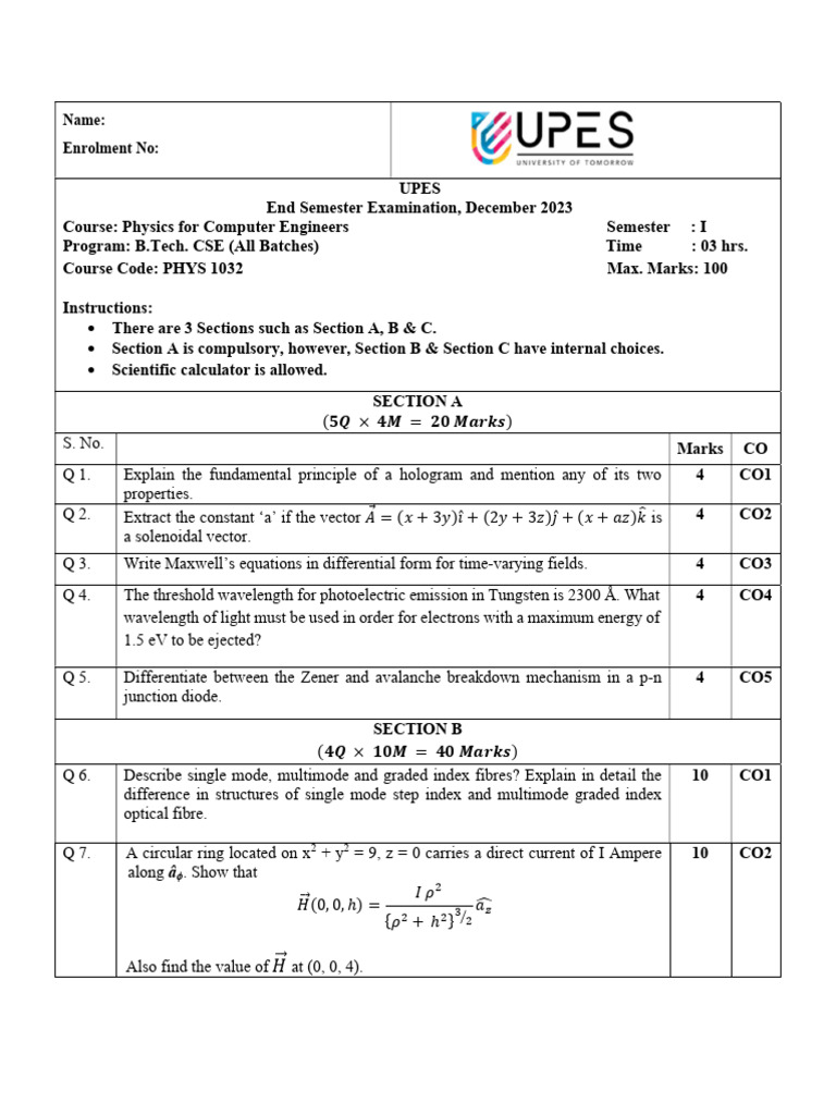 Phy Endsem Btech Cse Dec 2023 | PDF | Electron | Applied And Interdisciplinary Physics