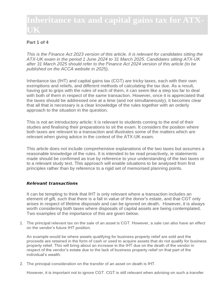 Inheritance Tax and Capital Gains Tax For ATX | PDF | Taxes | Private Law