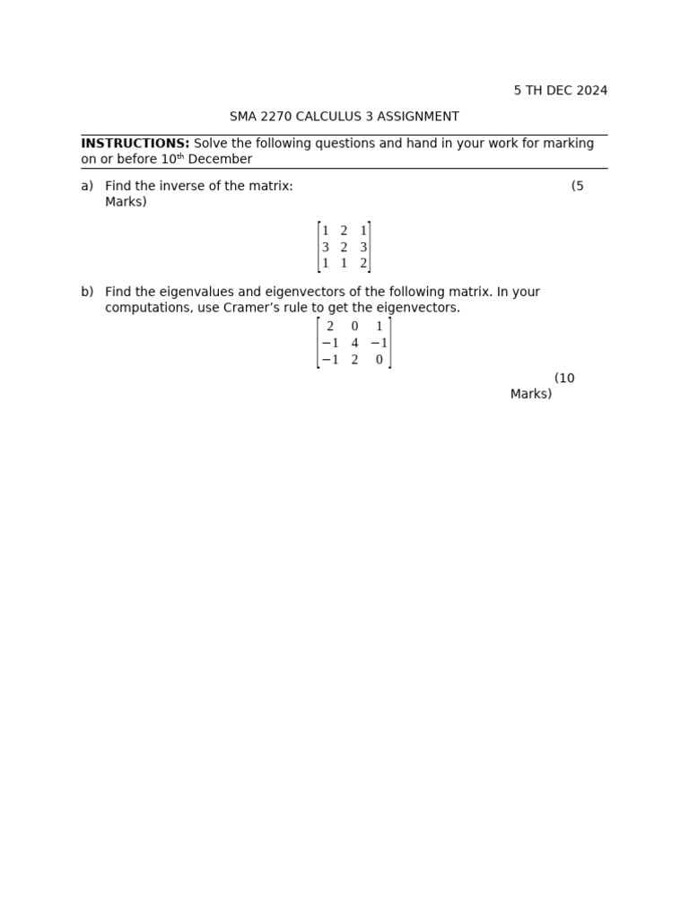 Assignment On Eigenvalues and Eigenvectors Dec 2024 | PDF