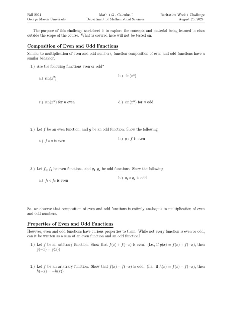 Calc 1 Recitation Week 1 Challenge | PDF | Mathematics | Function ...
