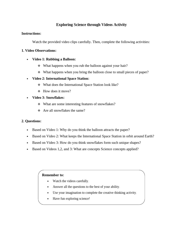 Science Exploration Video Activities | PDF