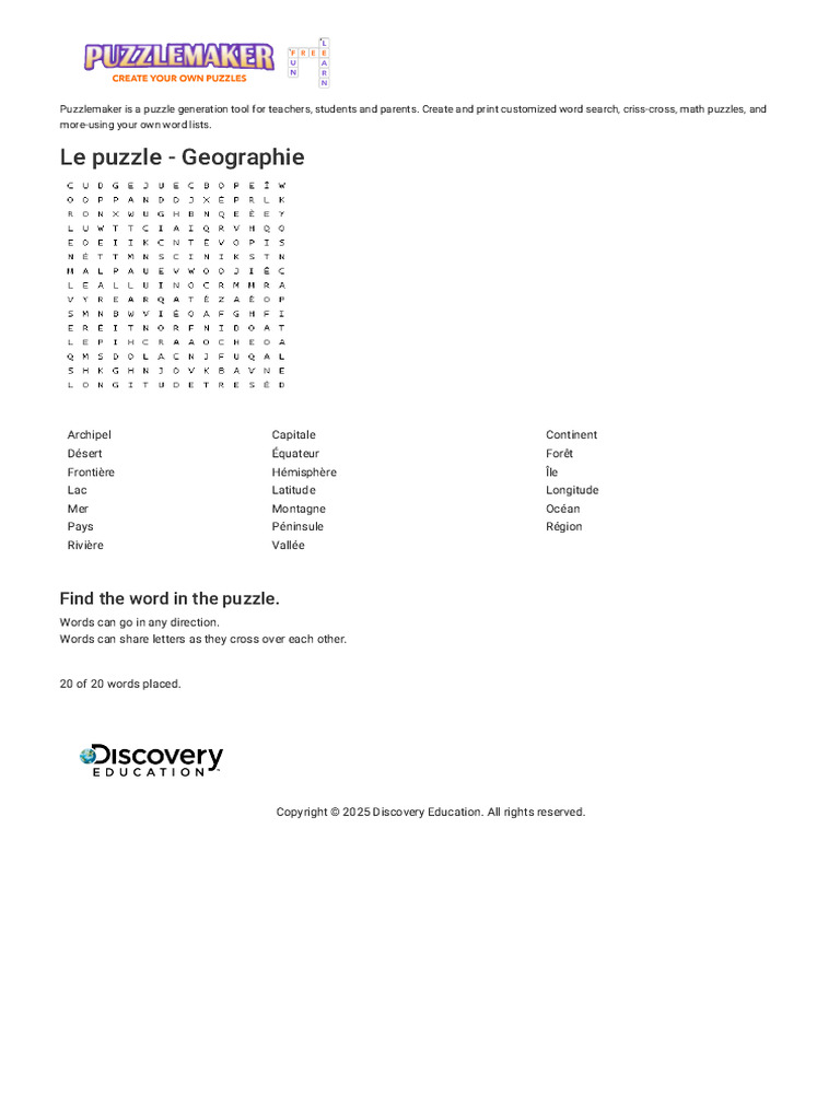 Word Search Puzzle - Discovery Education Puzzlemaker | PDF