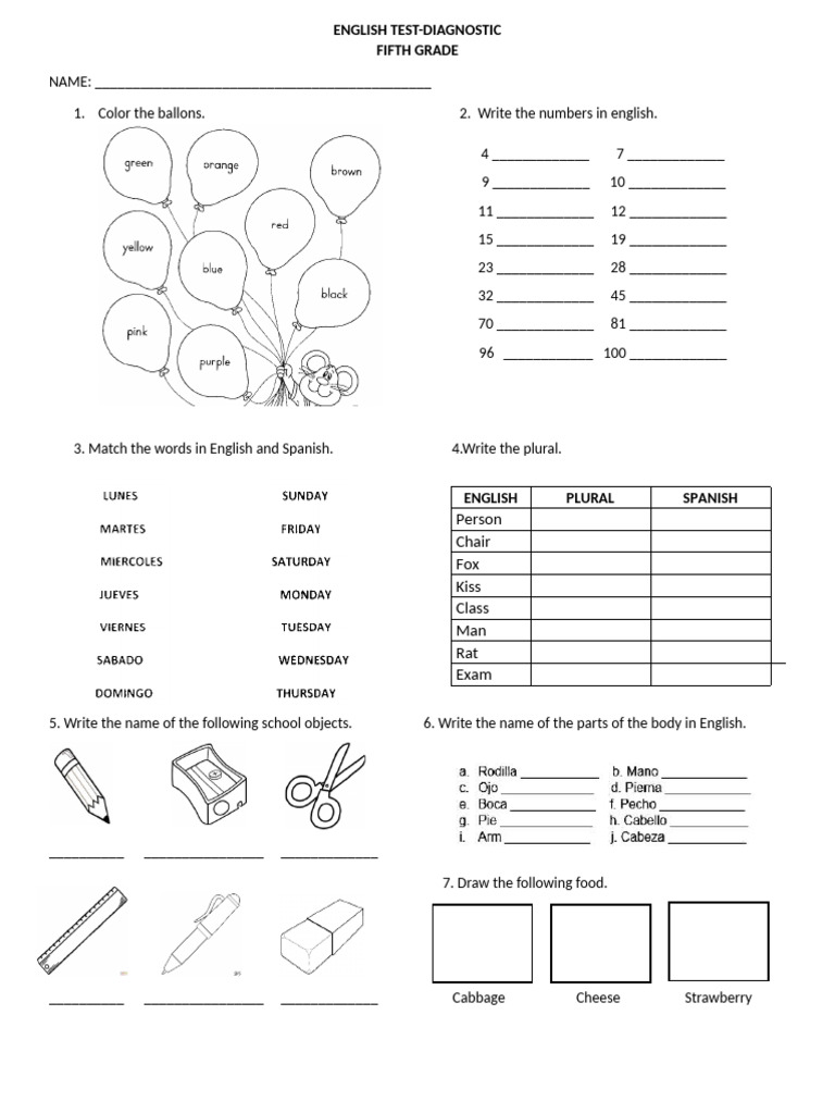 Diagnostic English Test 5th | PDF