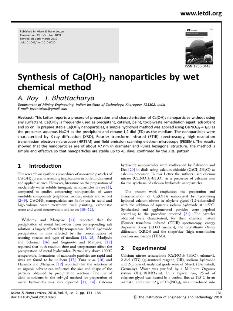 Synthesis of Ca(OH)2 Nanoparticles | PDF | Nanoparticle | Hydroxide