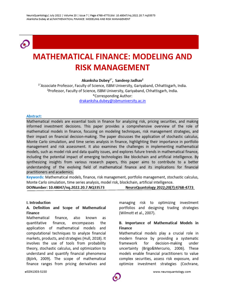 Volume 20 No 7 MATH Mathematical Finance Modeling and Risk Management ...