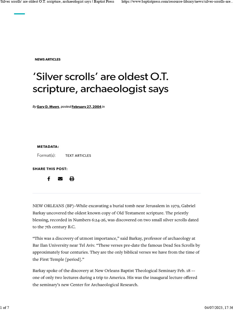 'Silver Scrolls' Are Oldest O.T | PDF | Bible | Tetragrammaton