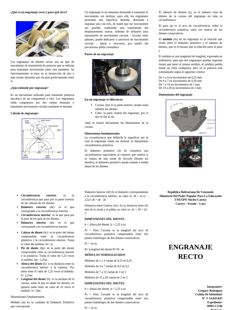 Triptico Engranaje Recto | PDF | Engranaje | Ingeniería mecánica