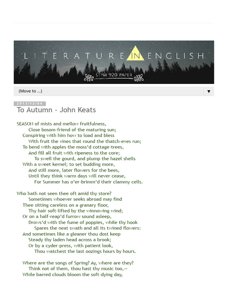 LITERATURE IN ENGLISH (STPM 920 Paper)- To Autumn - John Keats | PDF