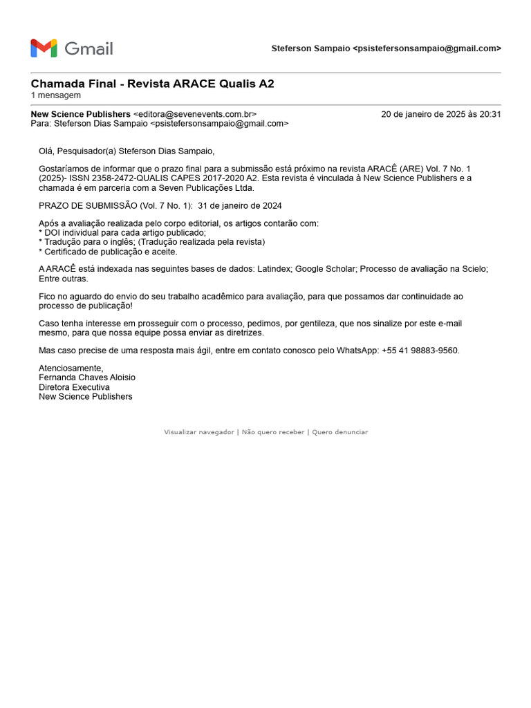 Gmail - Chamada Final - Revista ARACE Qualis A2 | PDF
