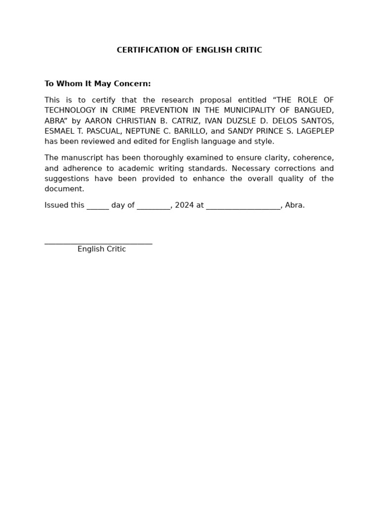 Sample Certification of English Critic | PDF