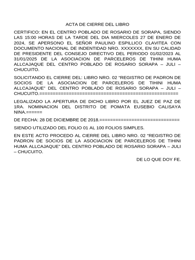Acta de Cierre Del Libro | PDF