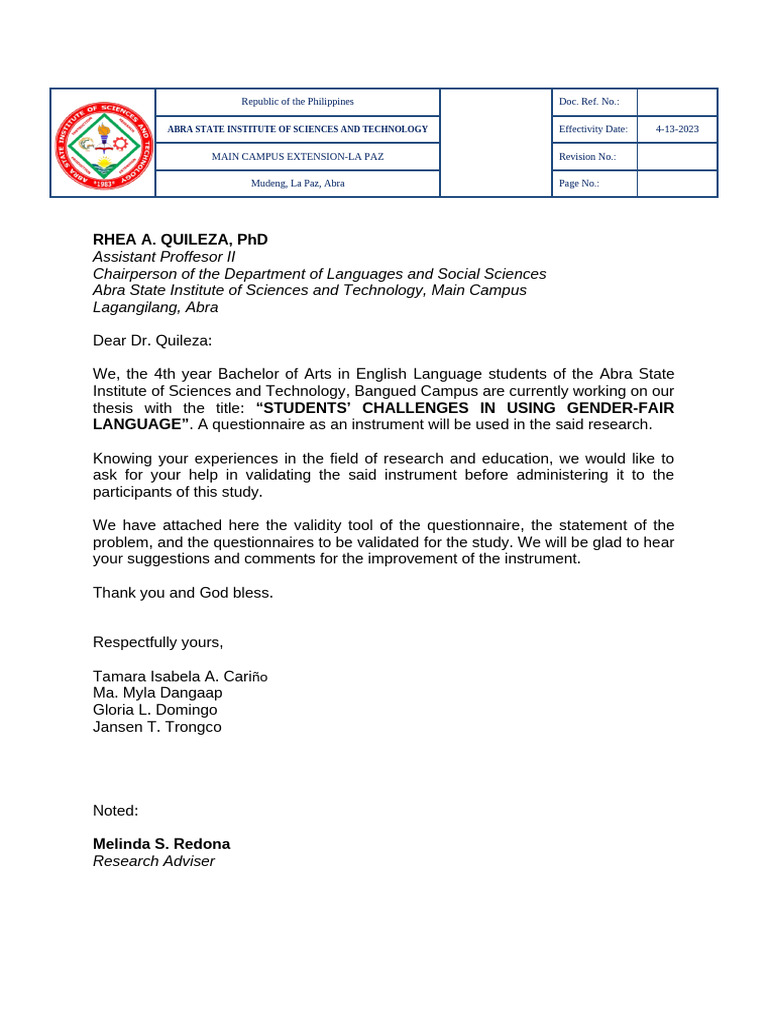 Sample Questionnaire Validation Tool | PDF | Questionnaire | Gender