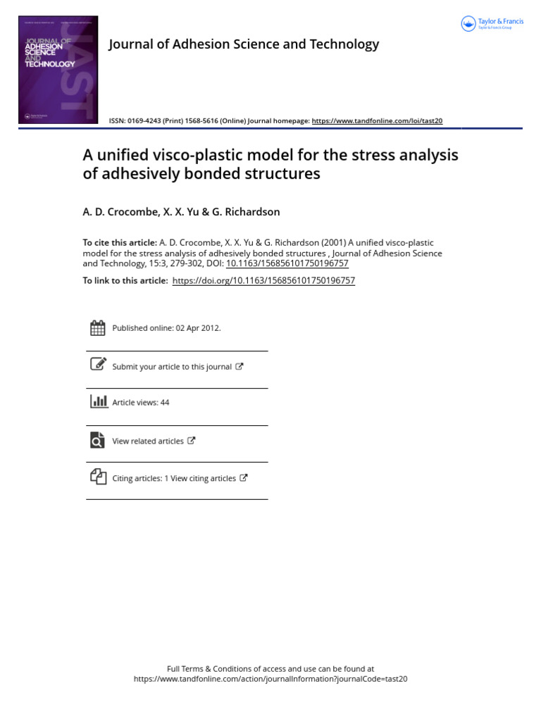 A Unified Visco-Plastic Model For The Stress Analysis of Adhesively Bonded Structures | PDF ...