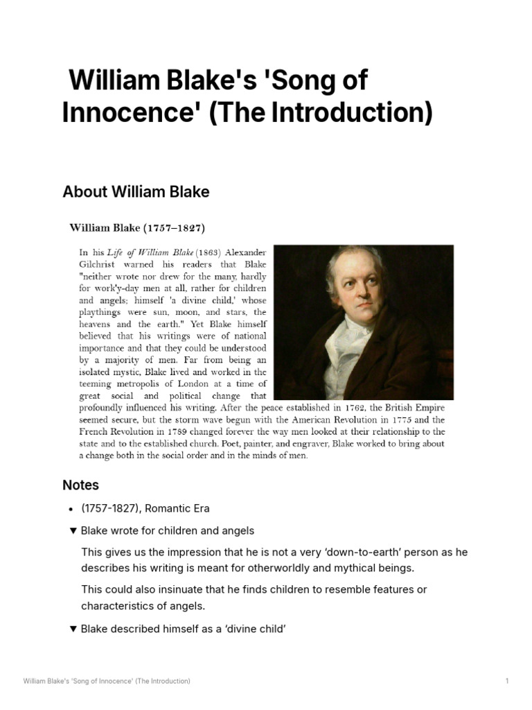 William Blakes Song of Innocence (The Introduction) | PDF | William Blake | Angel