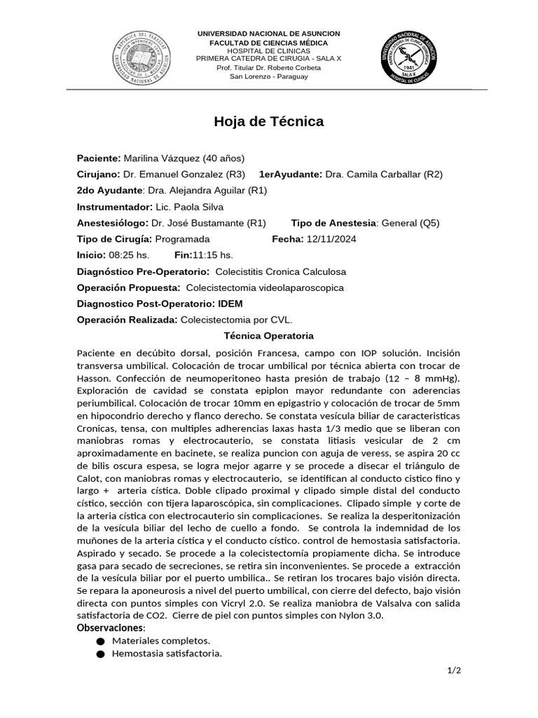 Marilina Vazquez (40) Colecistectomia CVL | PDF | Sistema digestivo | Gastroenterología