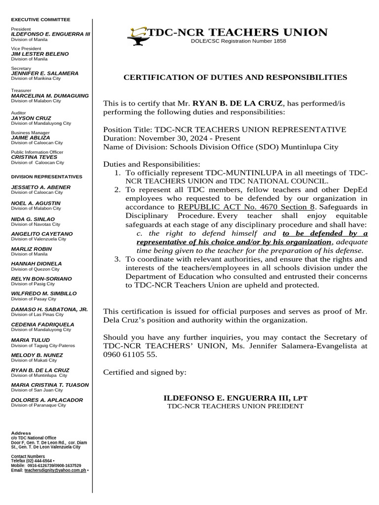 Tdc Ncr Union Certificate | PDF