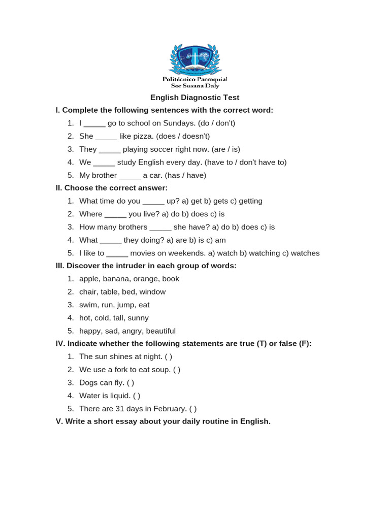 English Diagnostic Test for Beginners | PDF