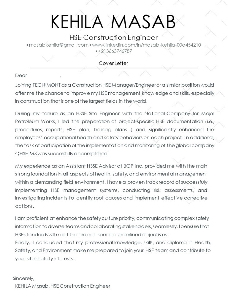 Cover Letter Hse Construction Engineer | PDF