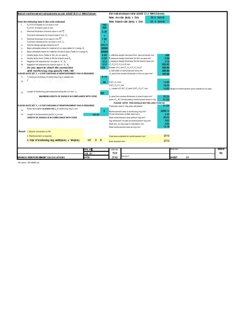 Branch Reinforcement Pad Calculations | PDF | Pipe (Fluid Conveyance ...