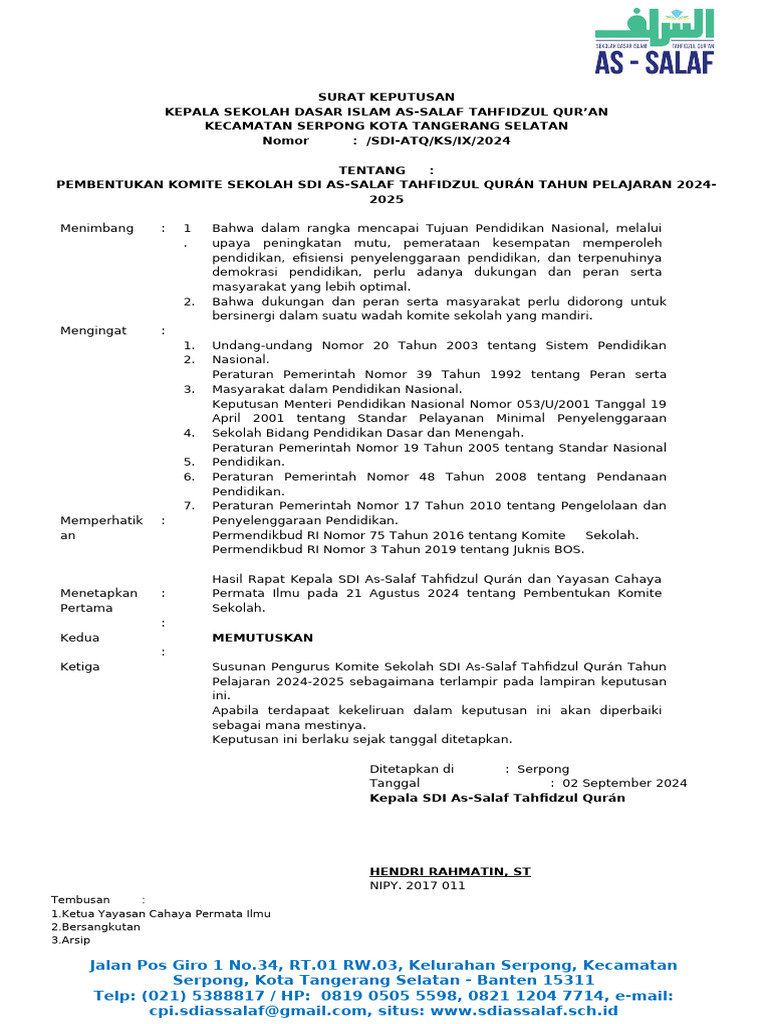 SK KOMITE SEKOLAH 2024-2025-1 Sdi As Salaf | PDF