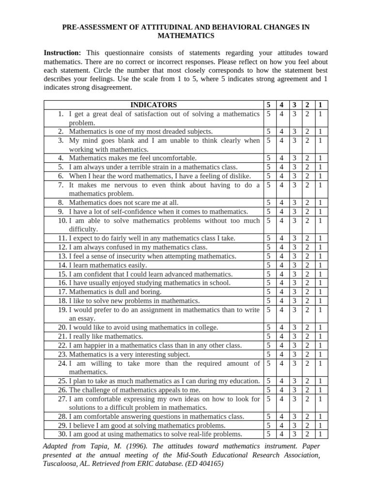 Pre and Post Assessment On Attitude and Behavior | PDF | Mathematics ...