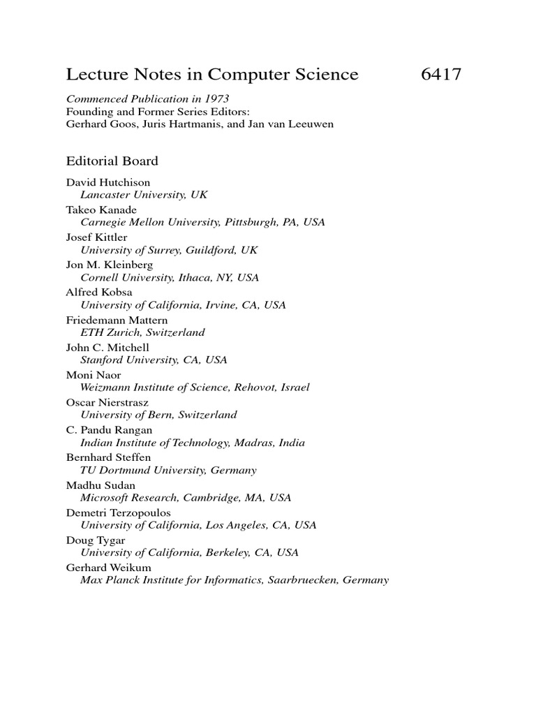 Lecture Notes in Computer Science 6417: Editorial Board | PDF ...