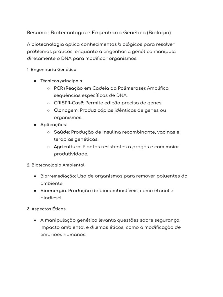 Resumo - Biotecnologia e Engenharia Genética (Biologia) | PDF