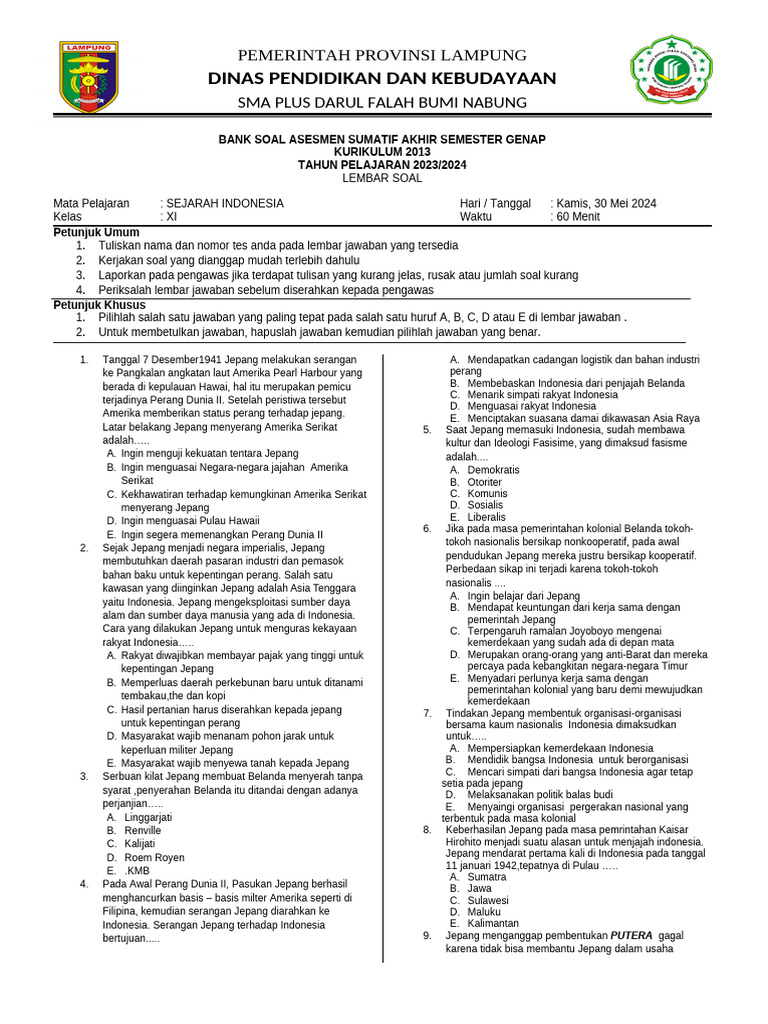 Soal - Sejarah Indo - ASAS Genap 2024 - Kls XI - K13 | PDF