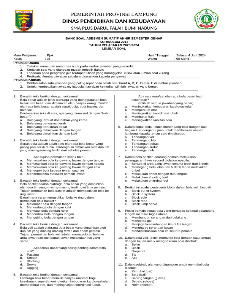 Soal - PJOK - ASAS Genap 2024 - Kls XI - K13 | PDF