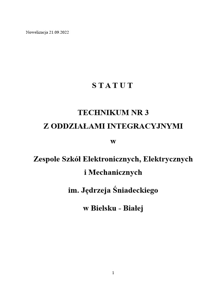 Statut Technikum NR 3 Z Oddzialami Integracyjnymi W Zespole Szkol Elektronicznych Elektrycznych ...